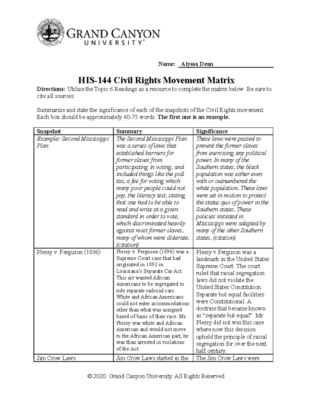 HIS-144-T6 Civil Rights Movement Matrix Online - Name: Alyssa Dean HIS ...