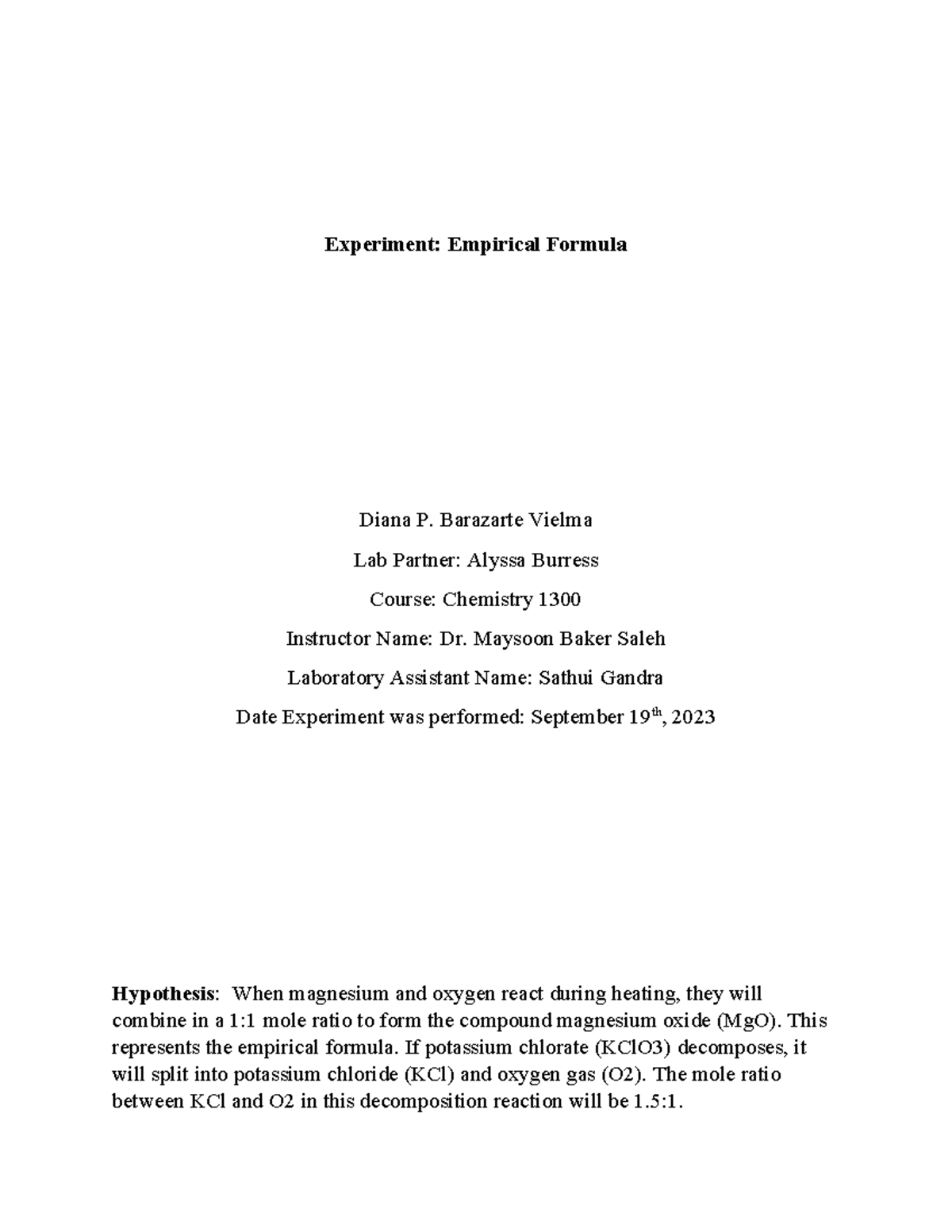 Draft empirical formula - results only report - Experiment: Empirical Formula Diana P. Barazarte ...