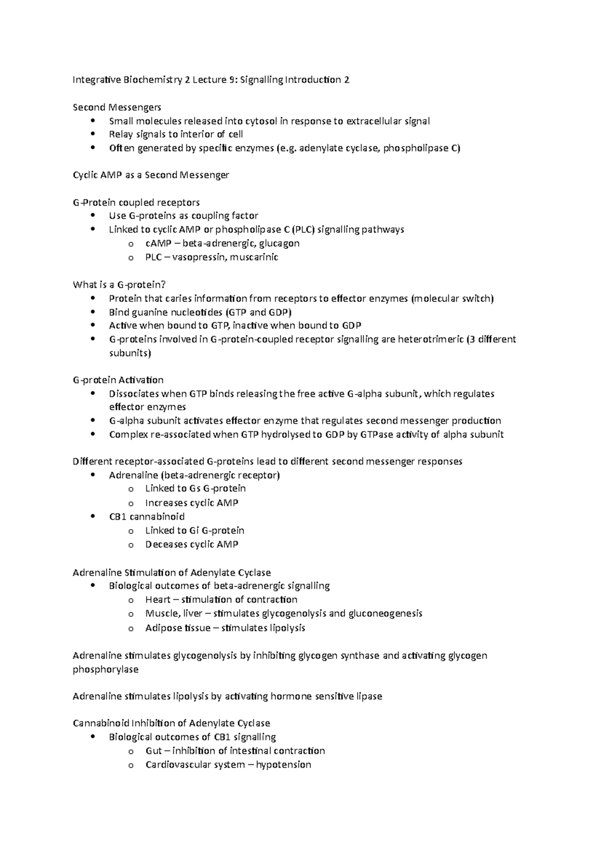 Lecture 9 Notes - Signalling Introduction 2 - Integrative Biochemistry ...