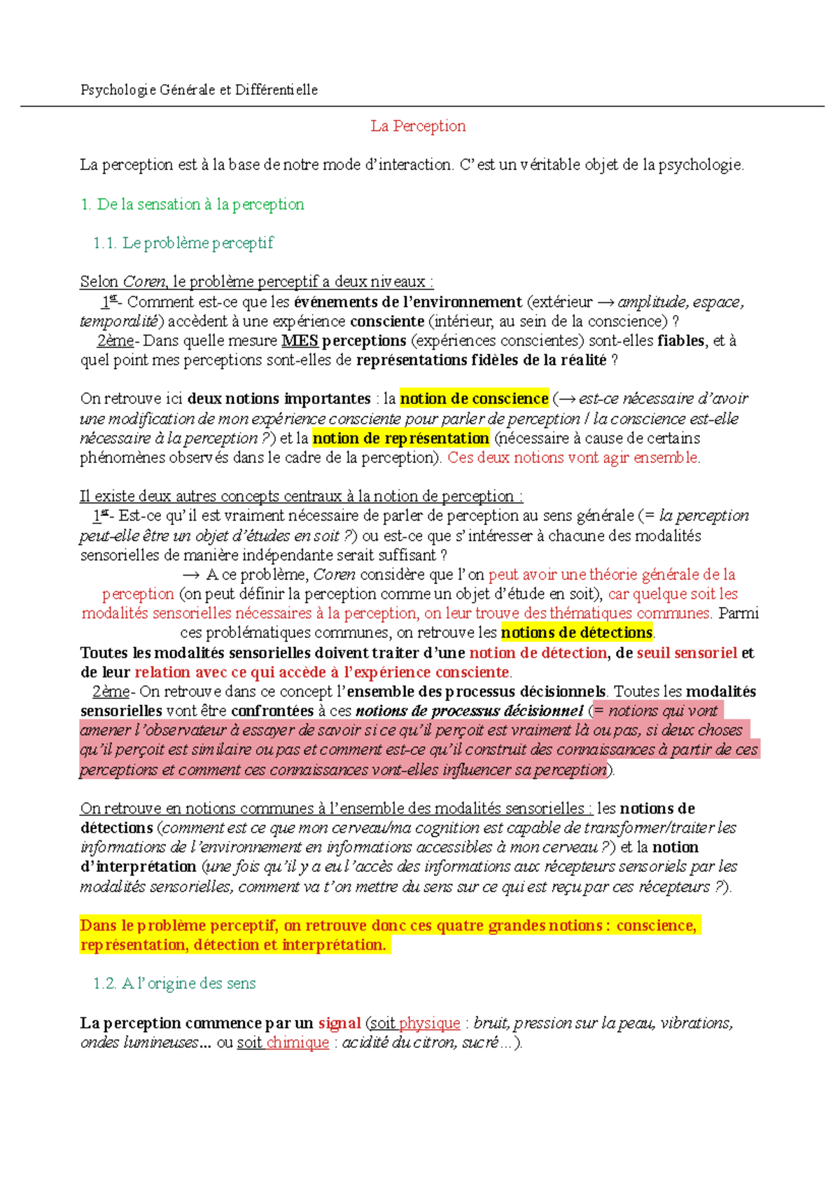 La perception - Notes de cours 1-3 - Psychologie Générale et ...
