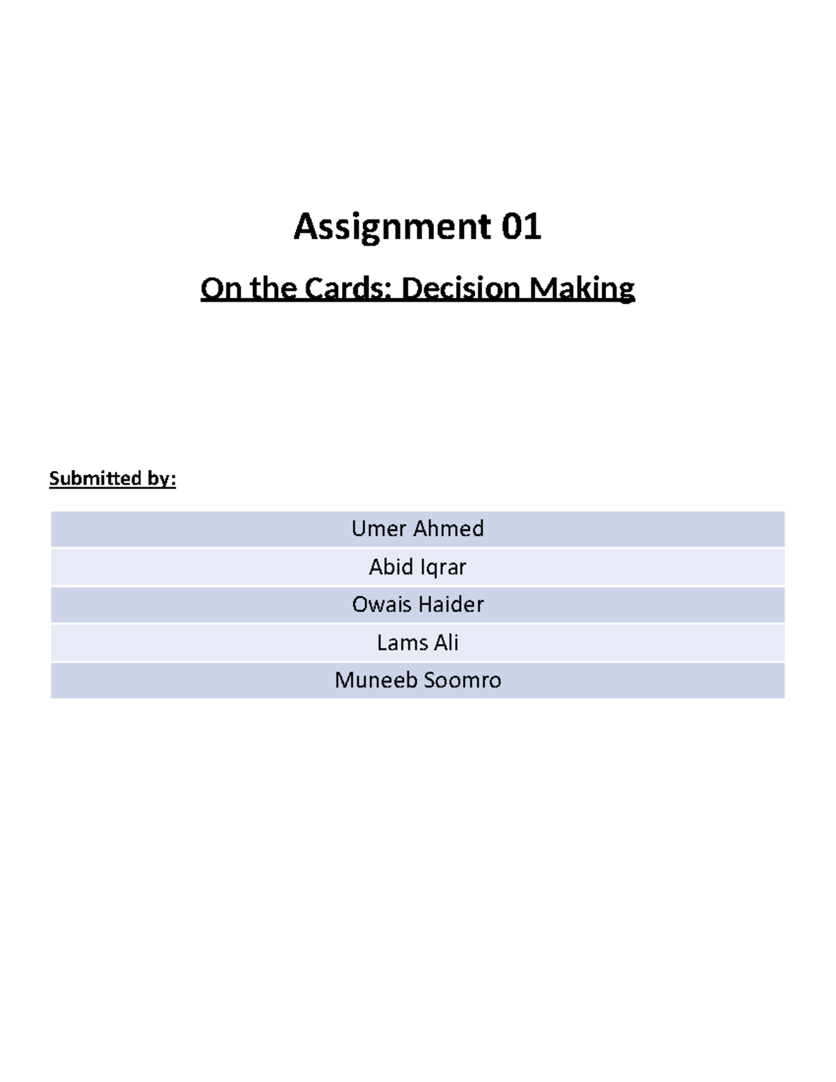 Card connection - assignment - Assignment 01 On the Cards: Decision ...