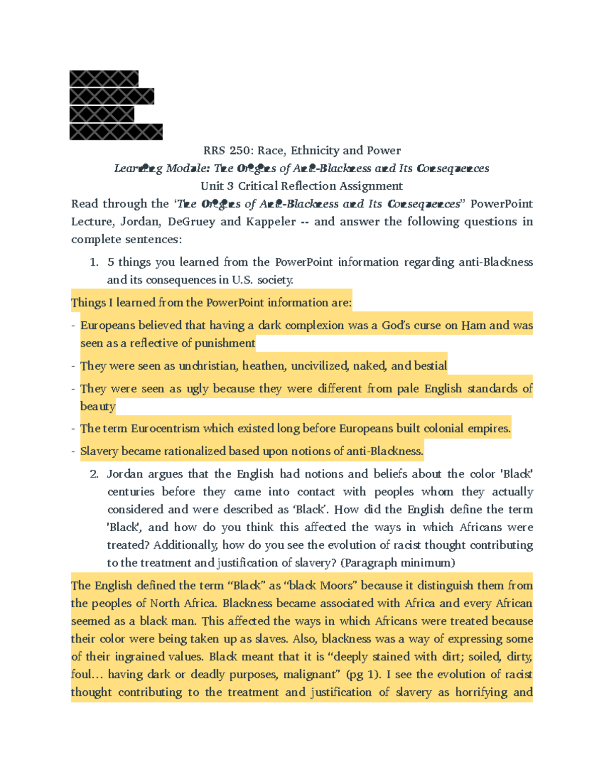 Unit 3 Discussion Assignment (Reading) - RRS 250: Race, Ethnicity and ...