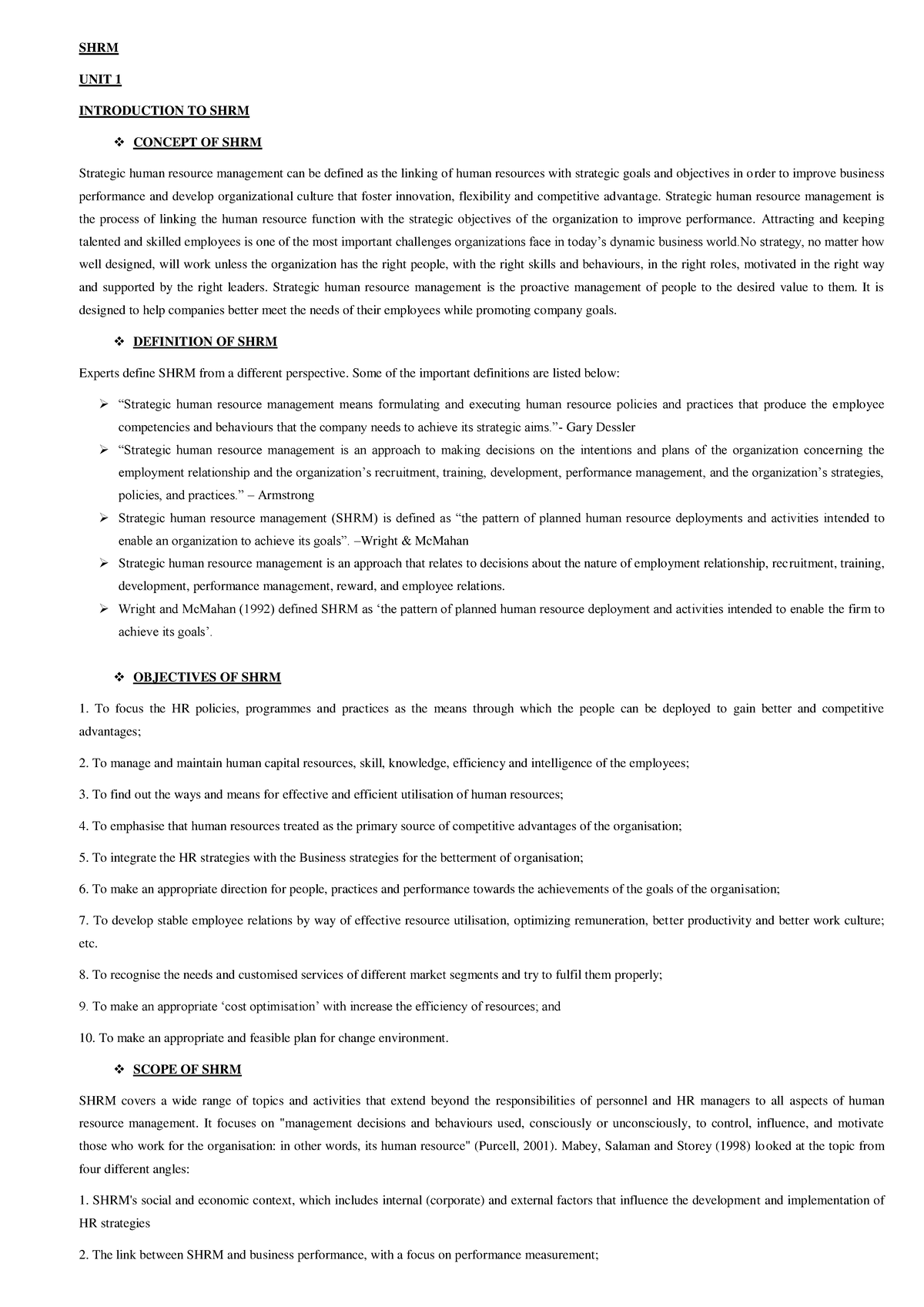 Strategic mgt MBA - SHRM UNIT 1 INTRODUCTION TO SHRM CONCEPT OF SHRM Strategic human resource ...
