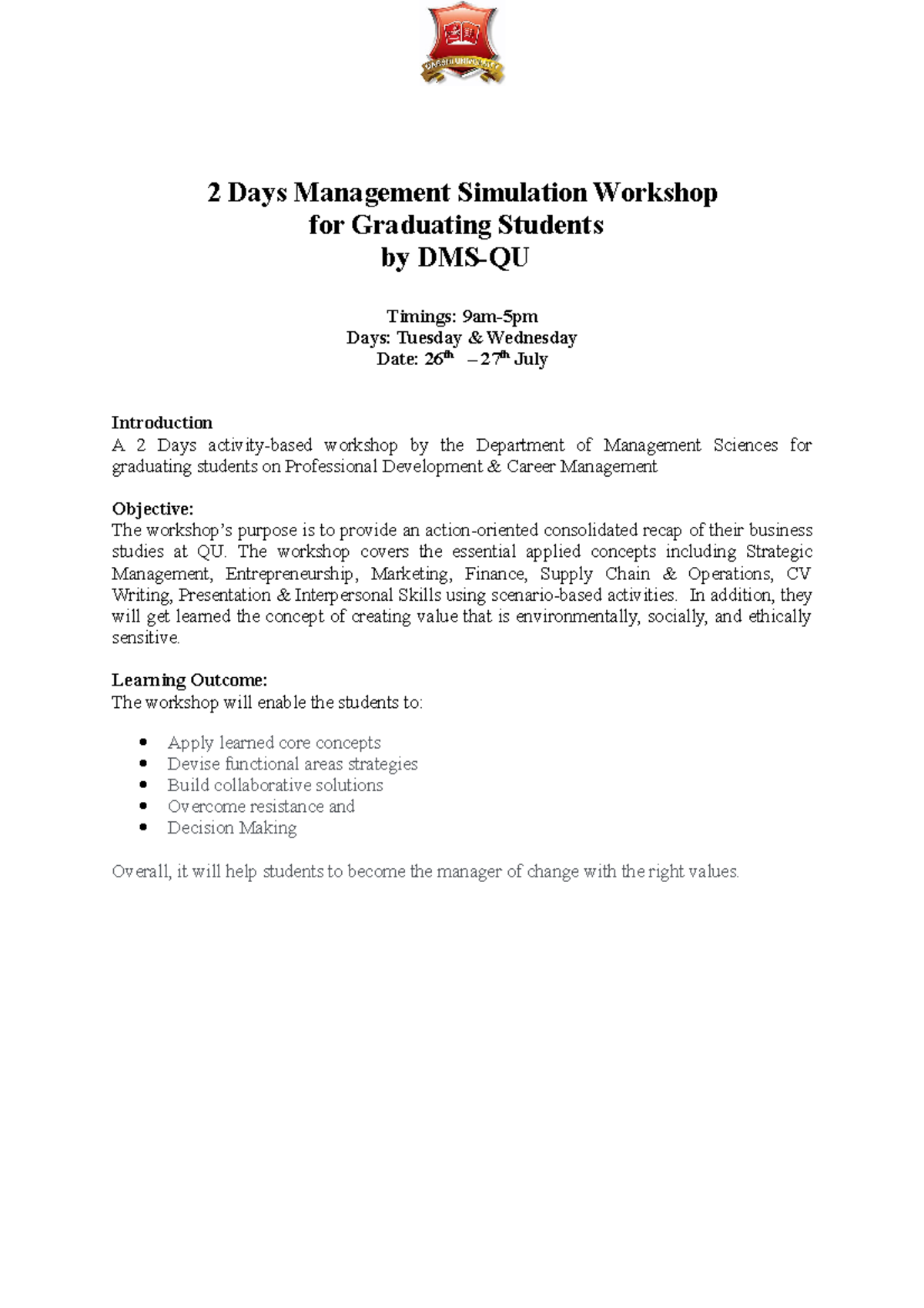 2 Days Management Simulation Workshop - The workshop covers the ...