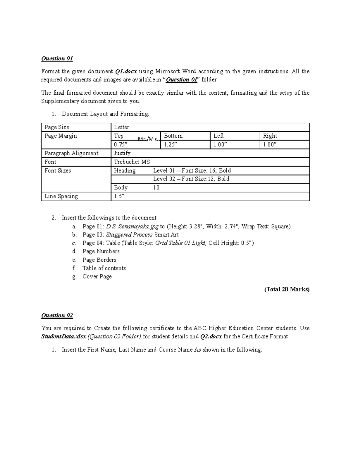 Model Paper v1 - Question 01 Format the given document Q1 using ...