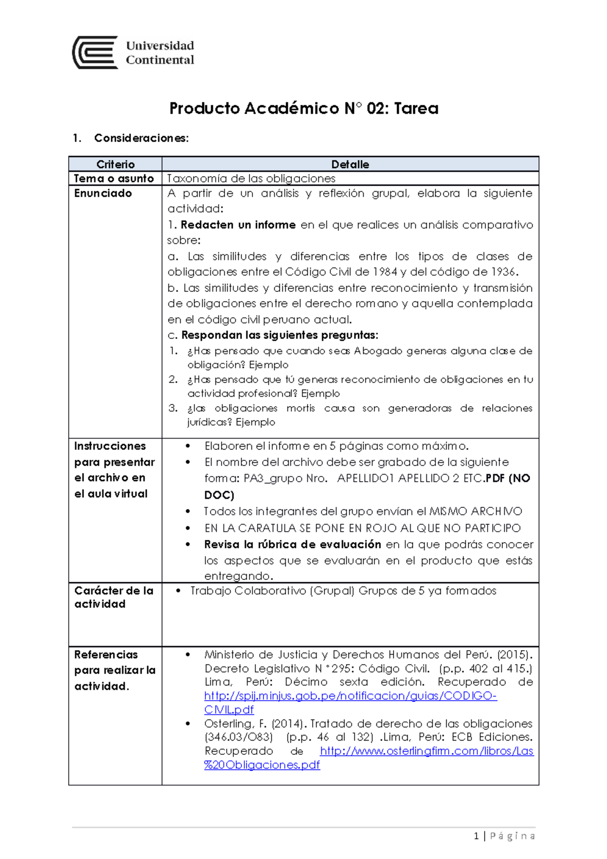 PA2 obligaciones silva 2023-1 ( Grupal) - Producto Académico N° 02: Tarea Consideraciones ...
