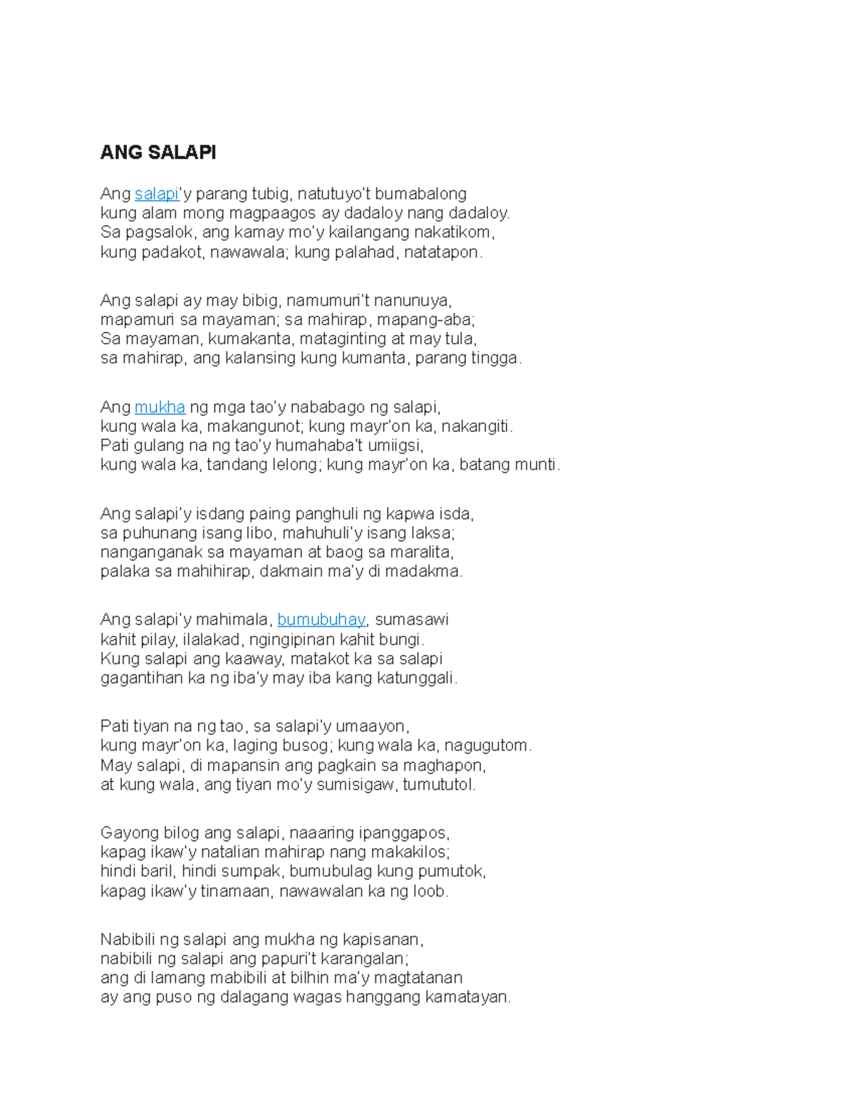 ANG- Salapi - ANG SALAPI Ang salapi‘y parang tubig, natutuyo’t ...