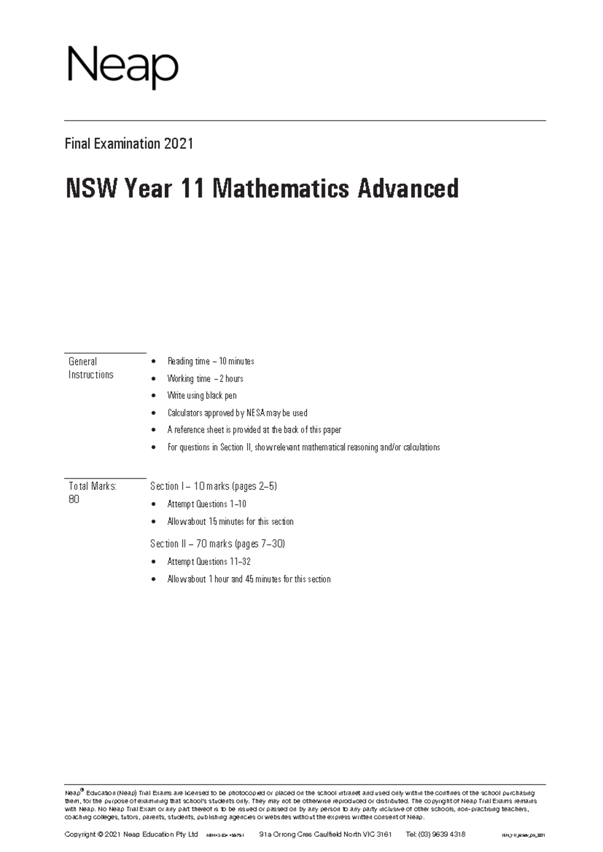 NSW Mathematics Advanced Year 11 Question and Answer Booklet 2021 ...