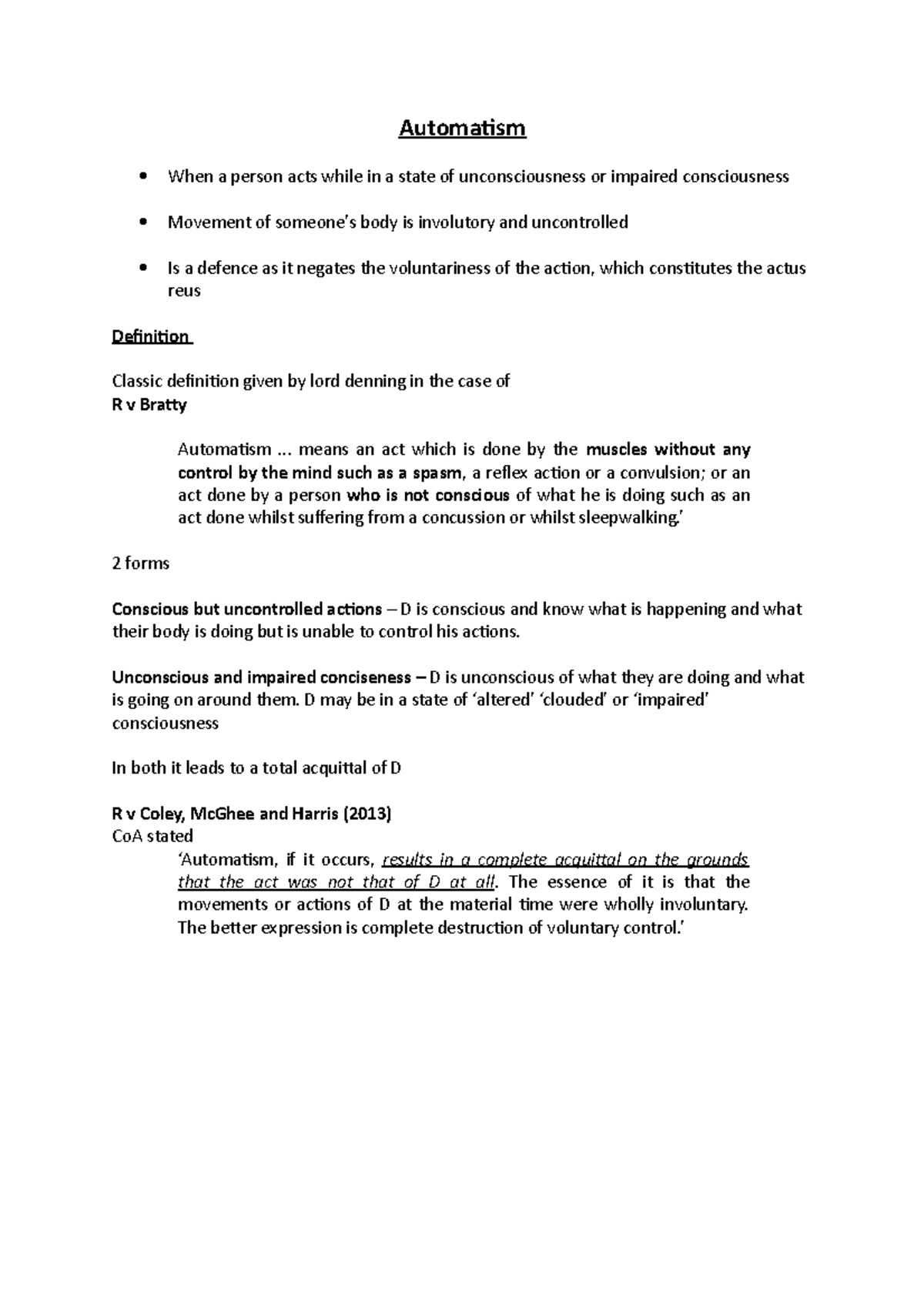 Automatism Defence - Automatism When a person acts while in a state of ...