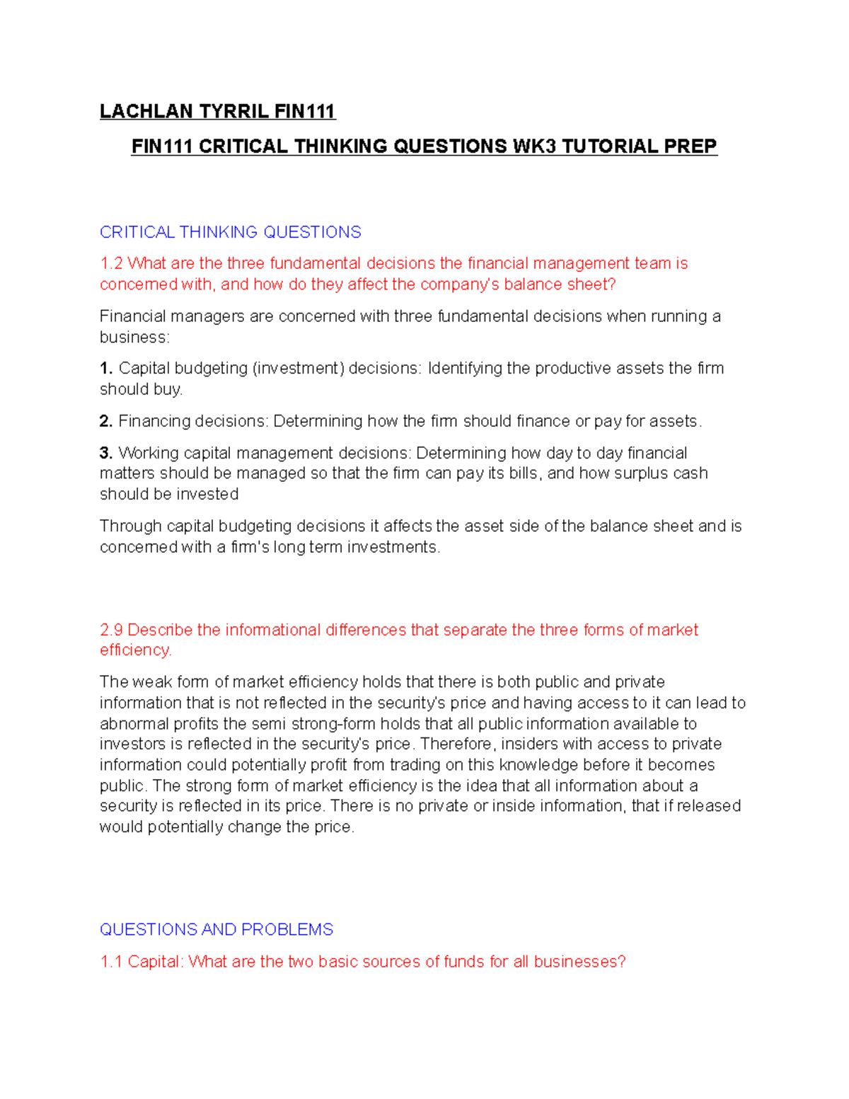 FIN111 Critical Thinking Questions WK3 Tutorial PREP - LACHLAN TYRRIL ...