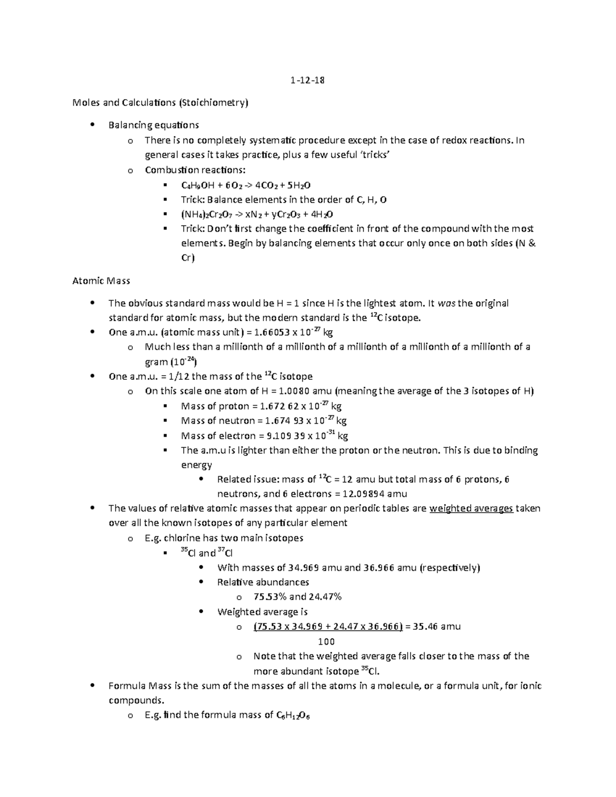 Lecture 1-12-18 - Moles and Calculations (Stoichiometry) Balancing ...