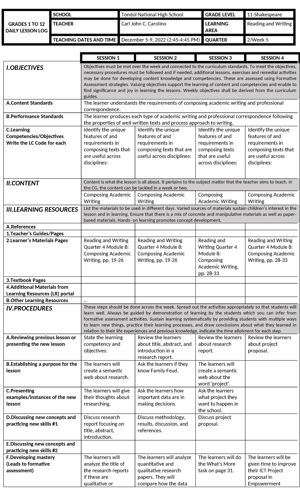 DLL WEEK 5 - it will help to teacher and learners - GRADES 1 TO 12 ...