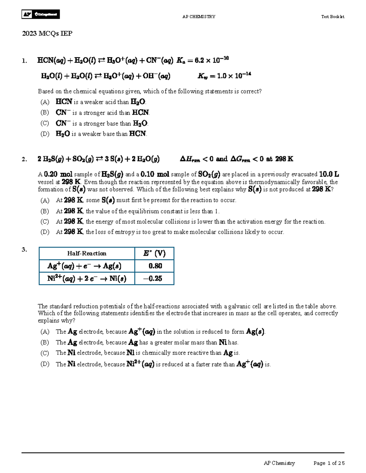Practice MC 2024 - AP Chem 2023 MCQ IEP - 1. Based on the chemical ...