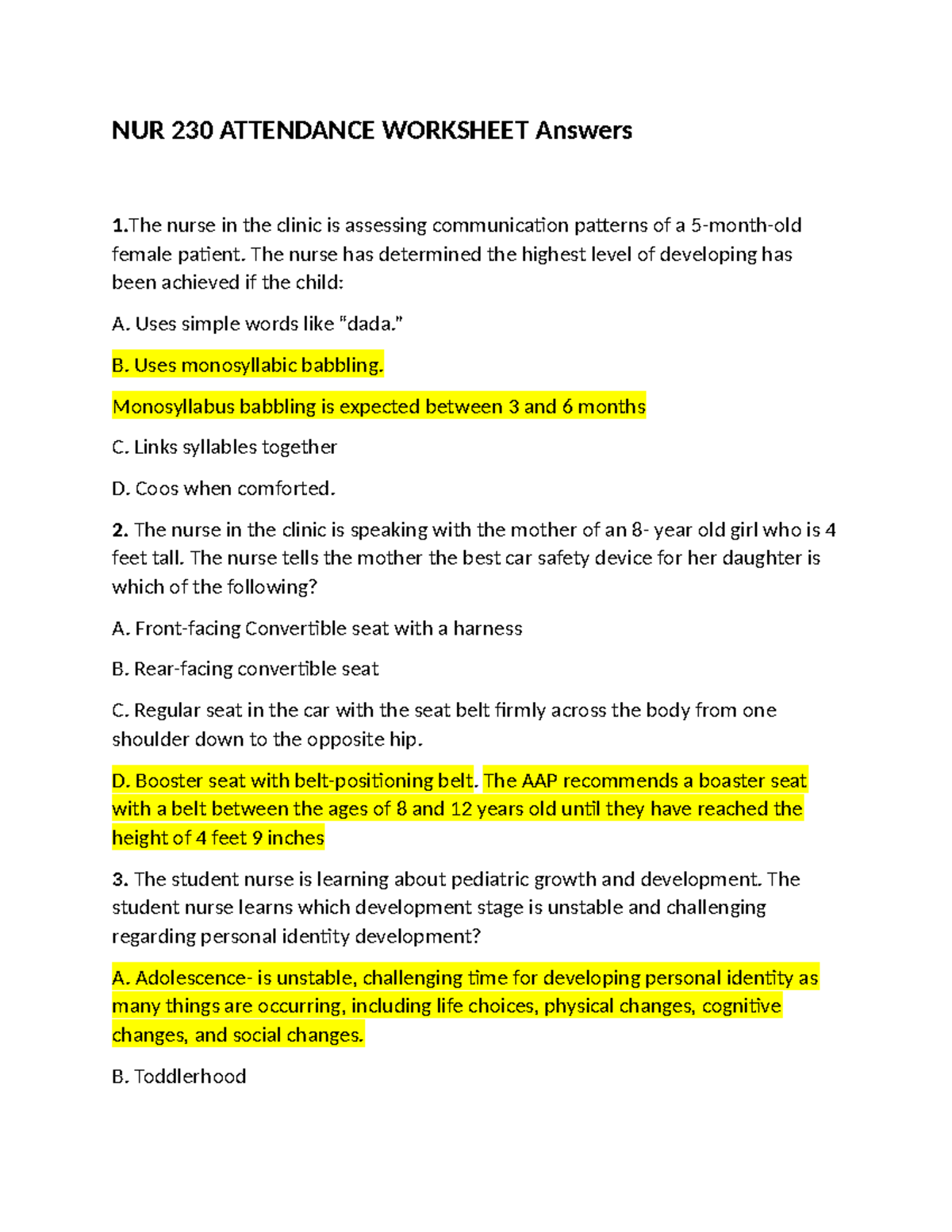 Nur+230+Worksheet+Answers+ - NUR 230 ATTENDANCE WORKSHEET Answers 1 ...