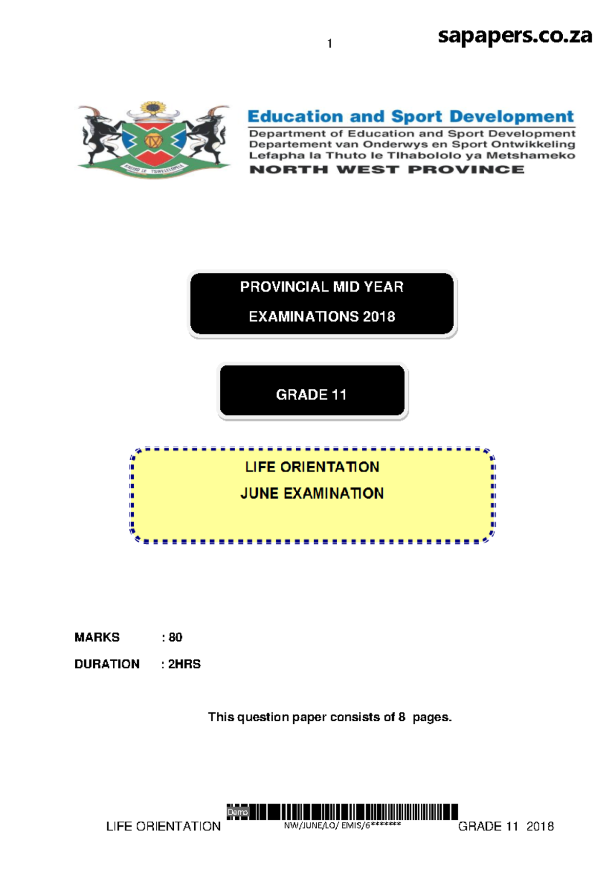 Life Orientation GR 11 Paper -2 - 1 Demo MARKS : 80 DURATION : 2HRS ...