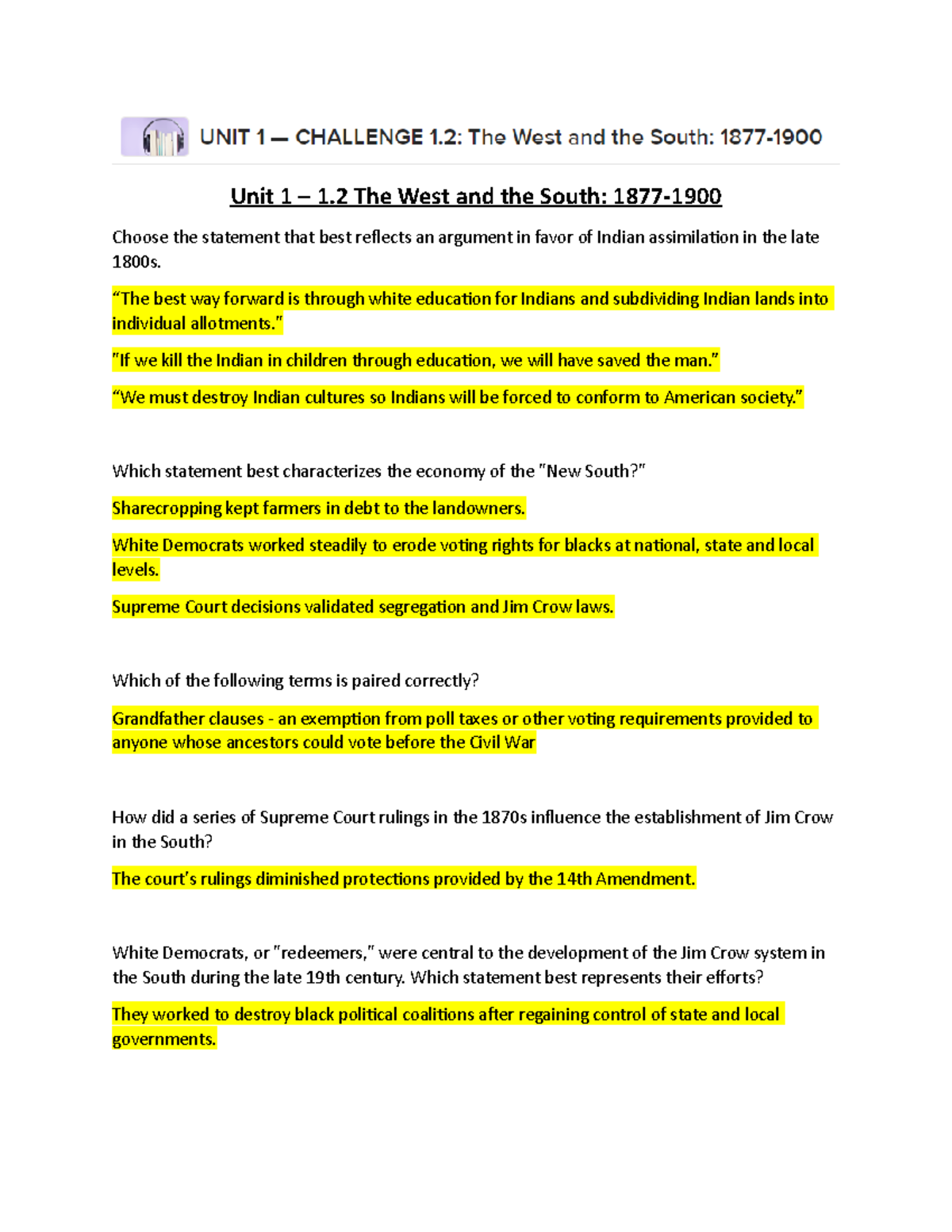 Sophia Pathways U.S. History II Challenge 1.2 The West and the South ...