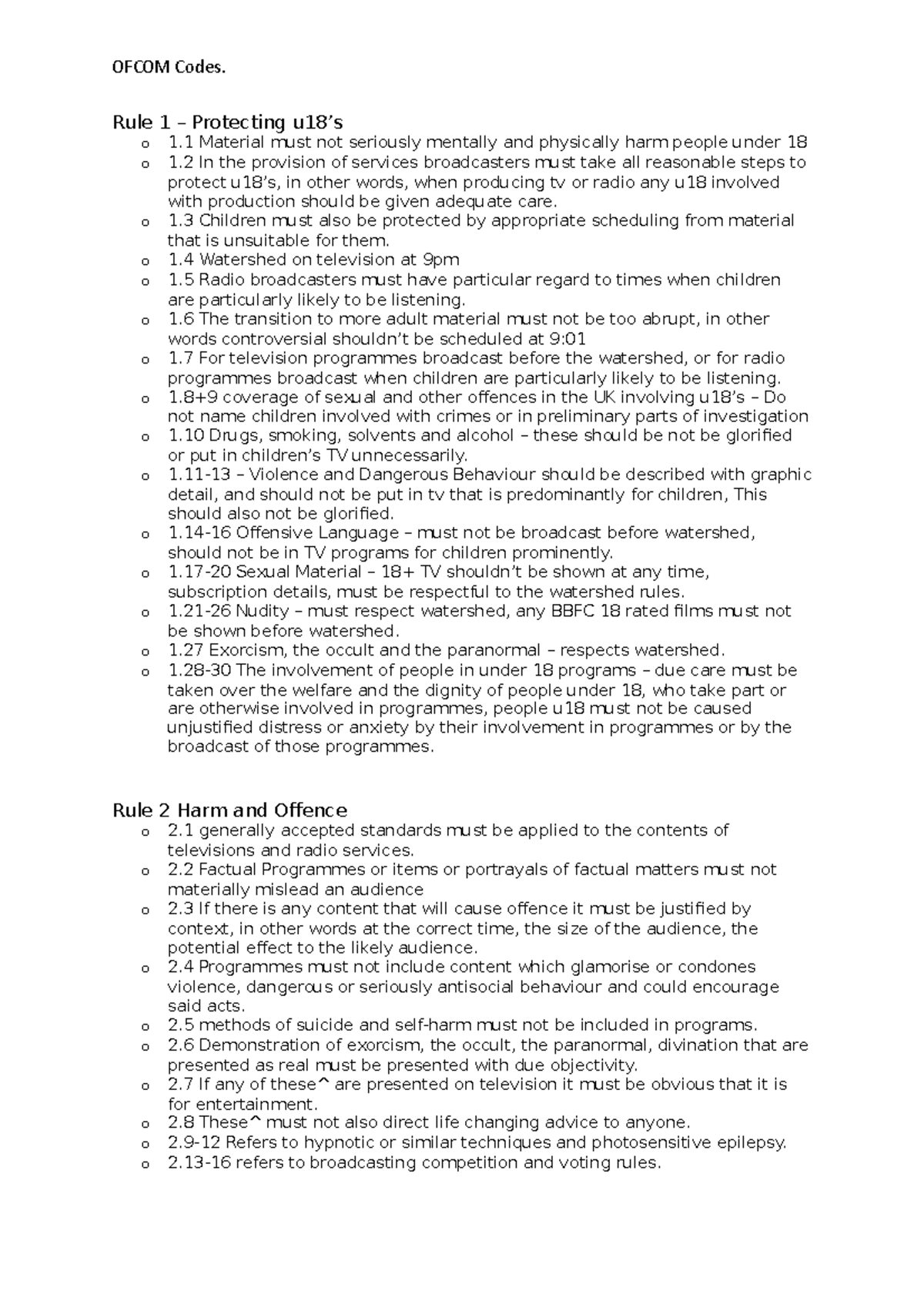 Ofcom codes - lecture notes - Rule 1 – Protecting u18’s o 1 Material ...