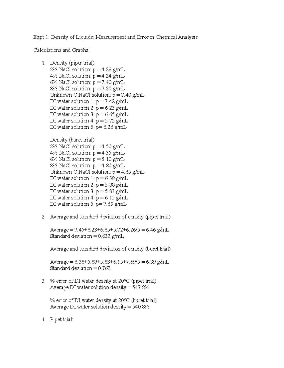 Expt 1 - Lab expt 1 - Expt 1: Density of Liquids: Measurement and Error ...