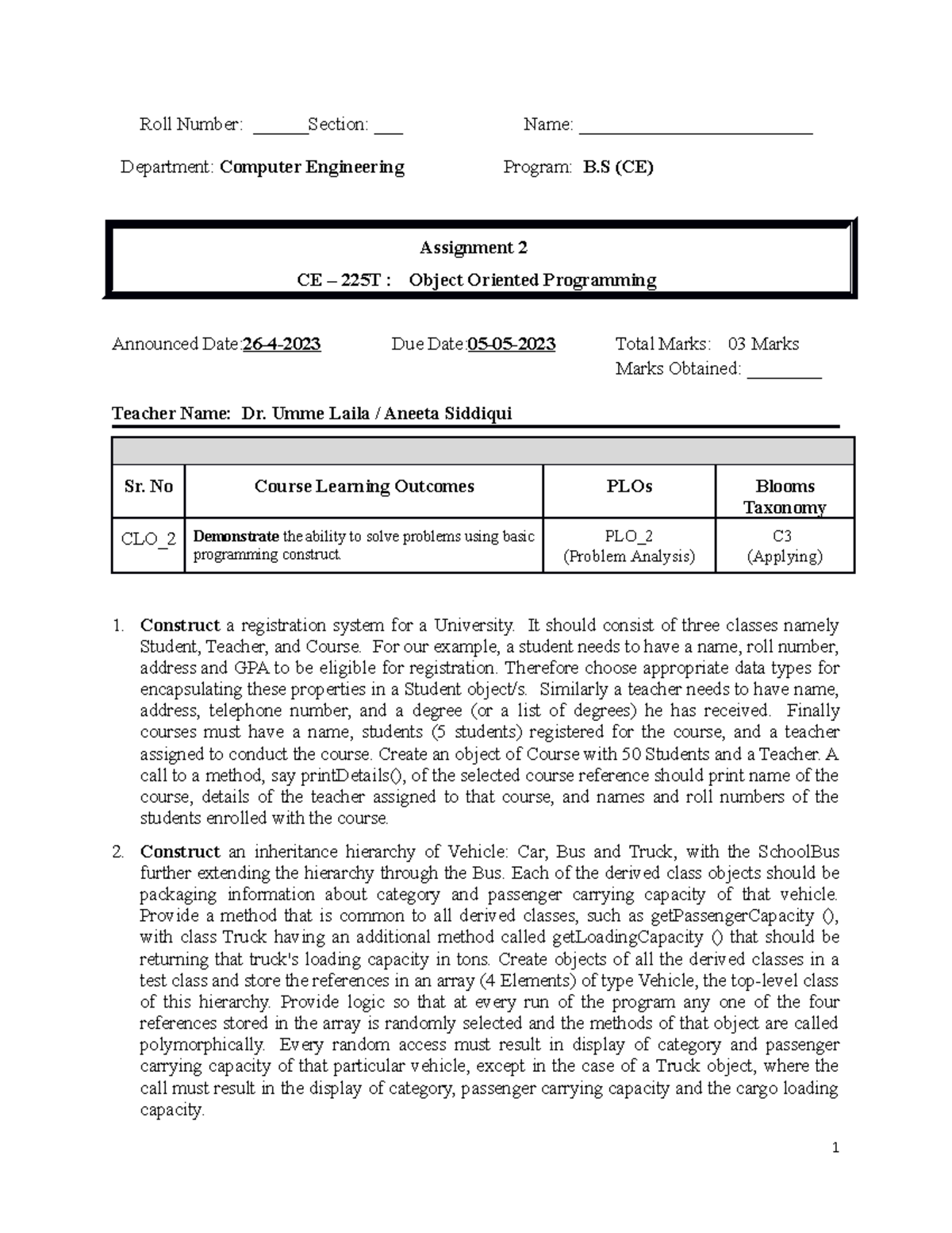 Assignment- 2 - Roll Number: ______Section: ___ Name: _________________________ Department ...