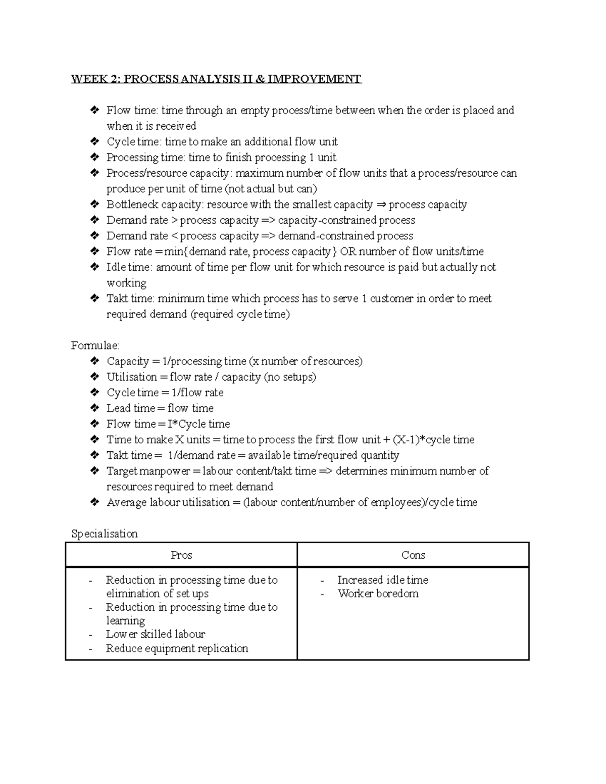 BE1402 Summary for Quiz 1 - WEEK 2: PROCESS ANALYSIS II & IMPROVEMENT Flow time: time through ...