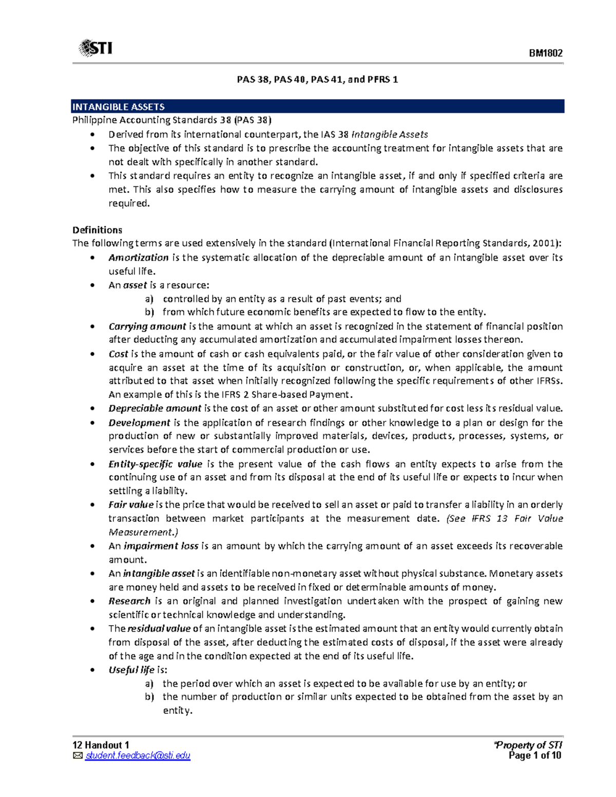 12 Handout 1 - pas 38 - 12 Handout 1 *Property of STI PAS 38, PAS 40 ...