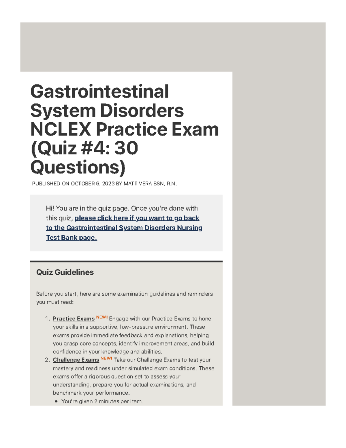 Gastrointestinal System Disorders Nclex Practice Exam (Quiz #4- 30 ...
