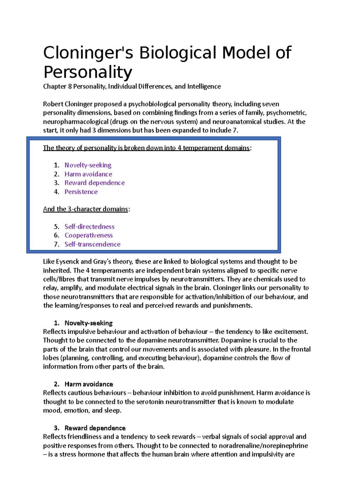 Cloninger's Biological Model of Personality - Cloninger's Biological ...