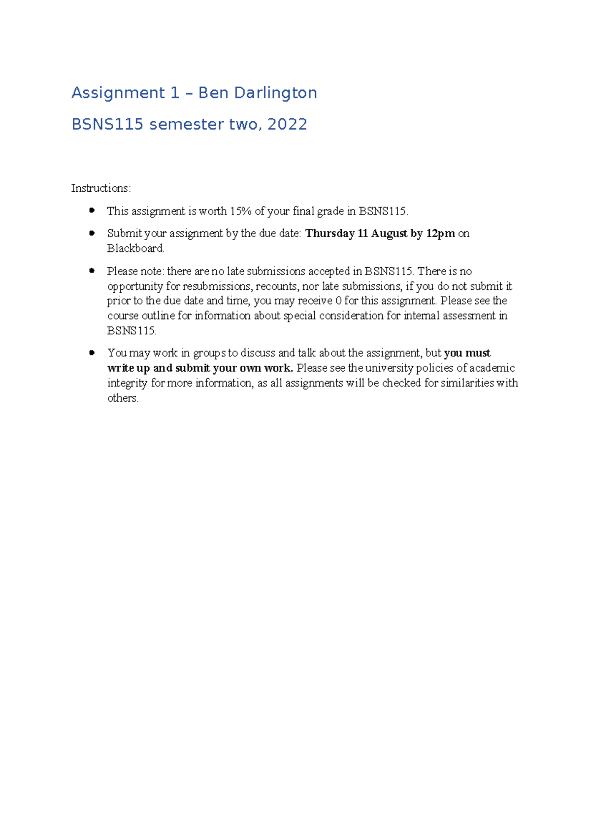 Assignment 1- Ben Darlington - Assignment 1 – Ben Darlington BSNS115 ...