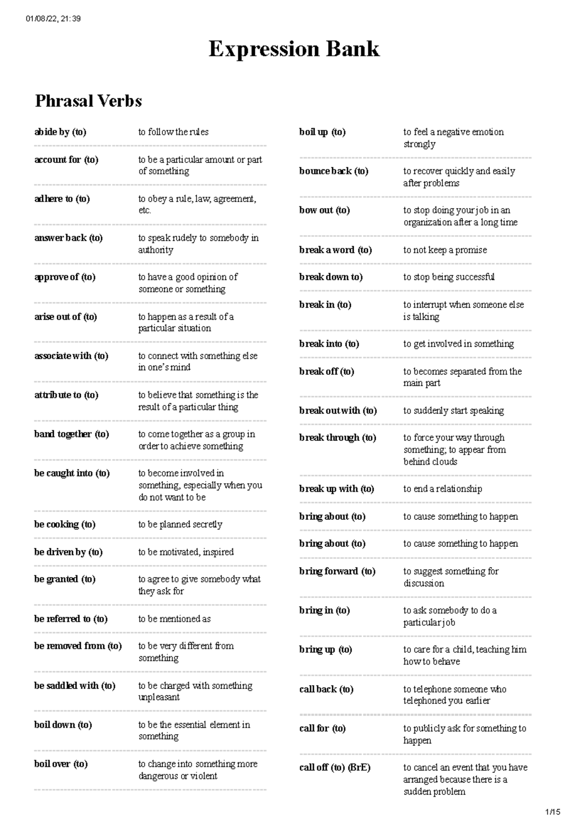 C1 Expression - ENGLISH - Expression Bank Phrasal Verbs abide by (to ...