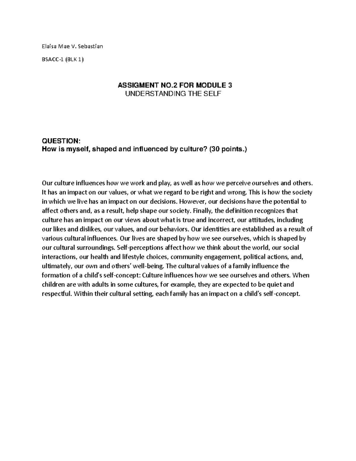 Assignment FOR Module 3 Understanding THE SELF - Elaisa Mae V ...