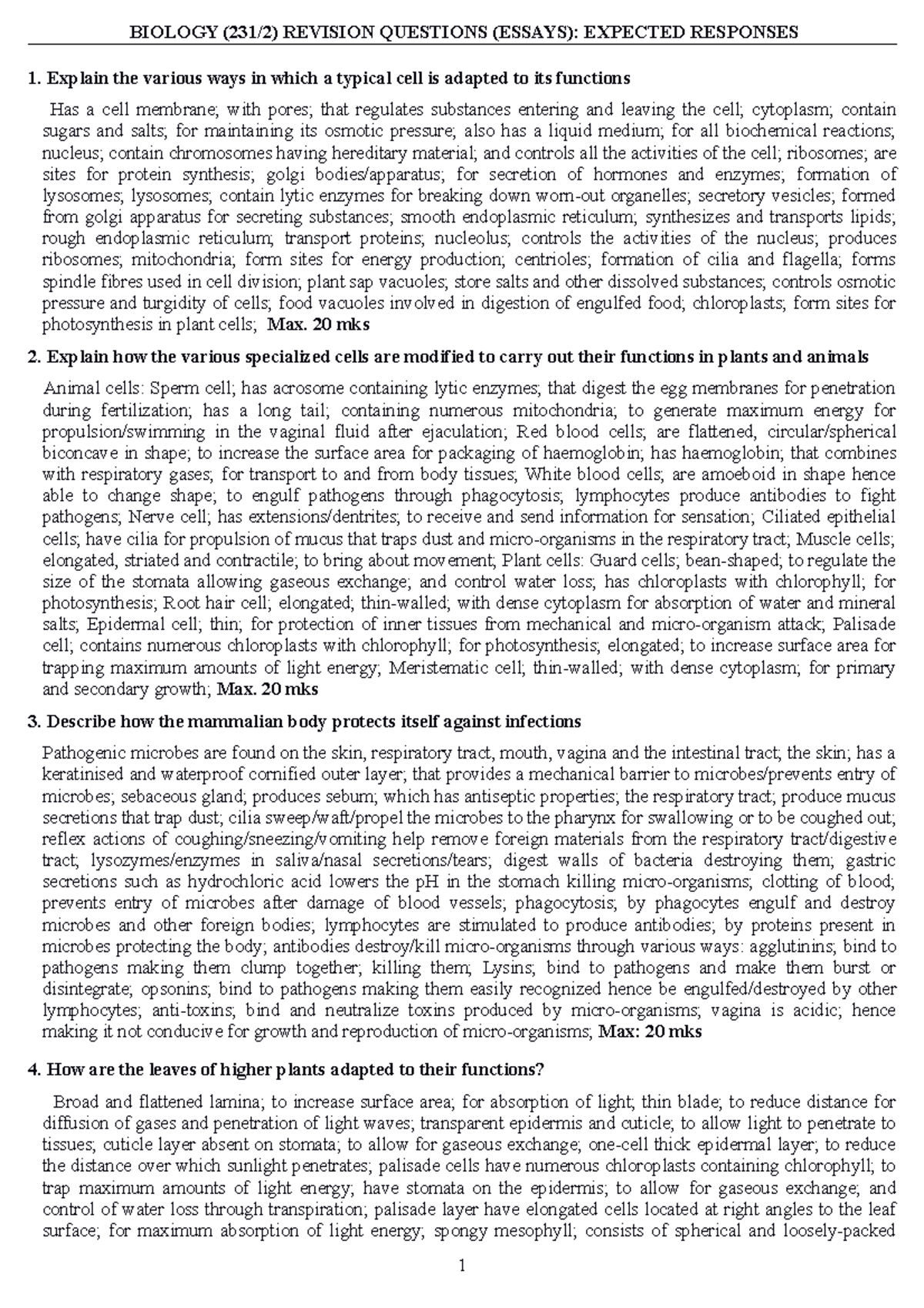 Bi. Essays - notes - BIOLOGY (231/2) REVISION QUESTIONS (ESSAYS ...