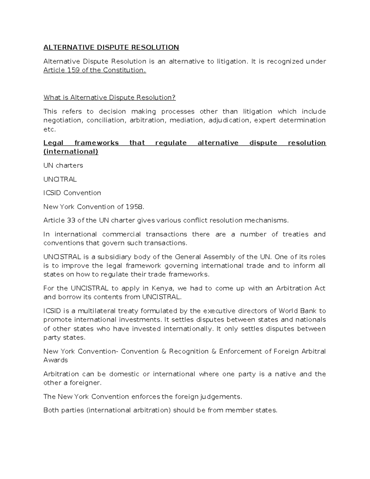 ADR notes by prof, Kimais - ALTERNATIVE DISPUTE RESOLUTION Alternative ...