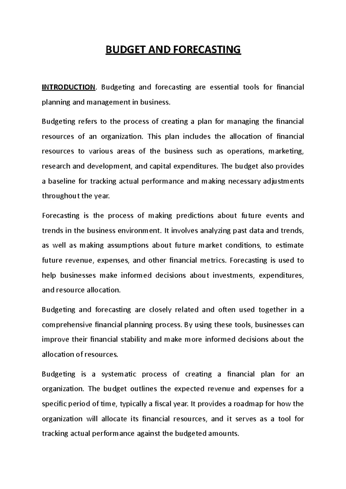 Budget and Forecasting - BUDGET AND FORECASTING INTRODUCTION. Budgeting ...