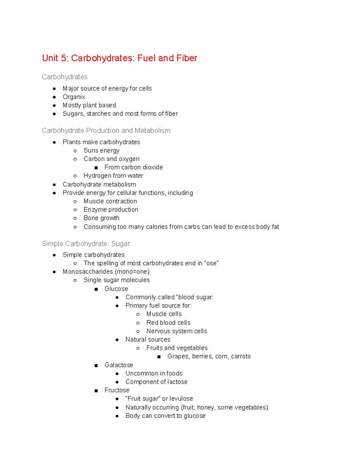 Carbs - Notes - Unit 5: Carbohydrates: Fuel and Fiber Carbohydrates ...