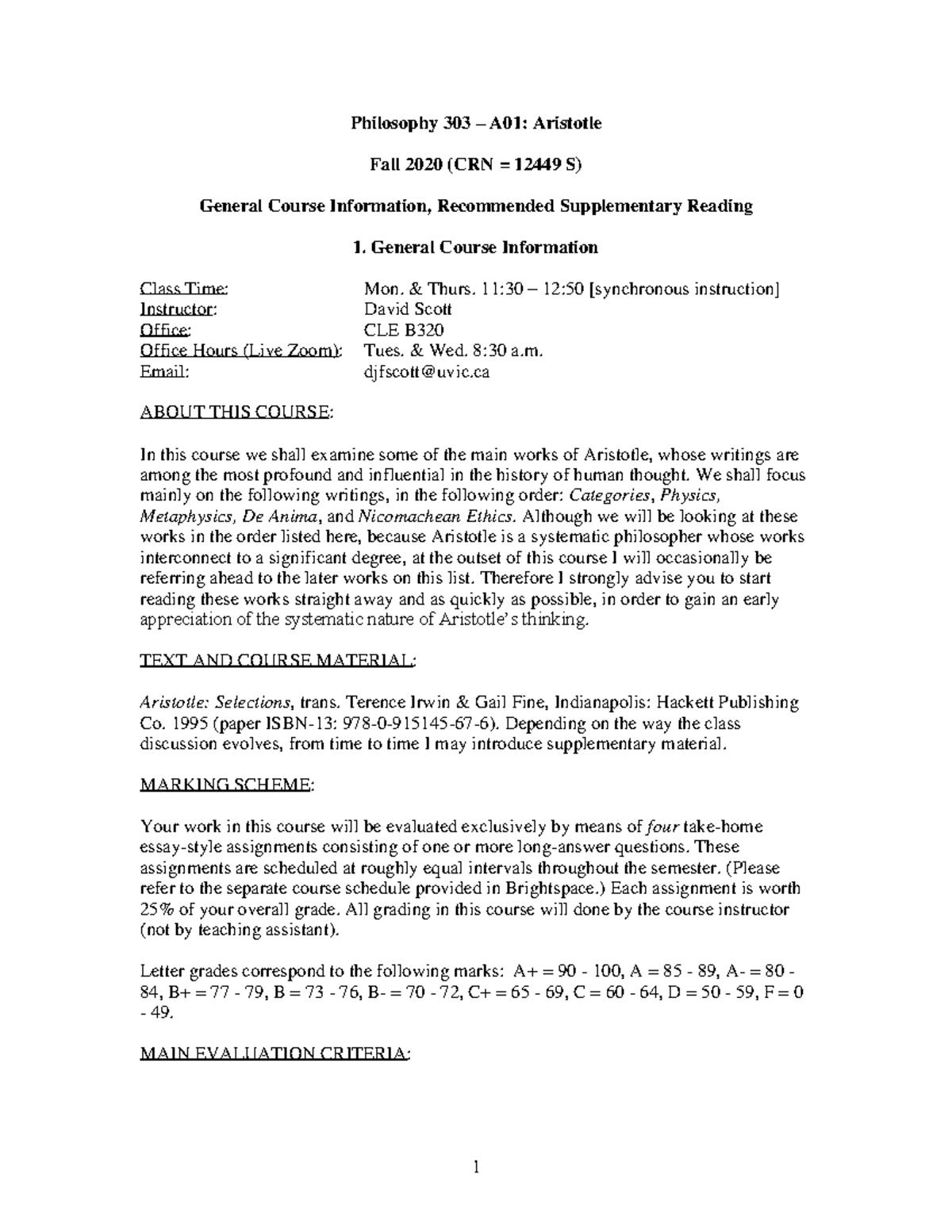 Phil-303 course outline - phil 303 - Philosophy 303 – A01: Aristotle ...