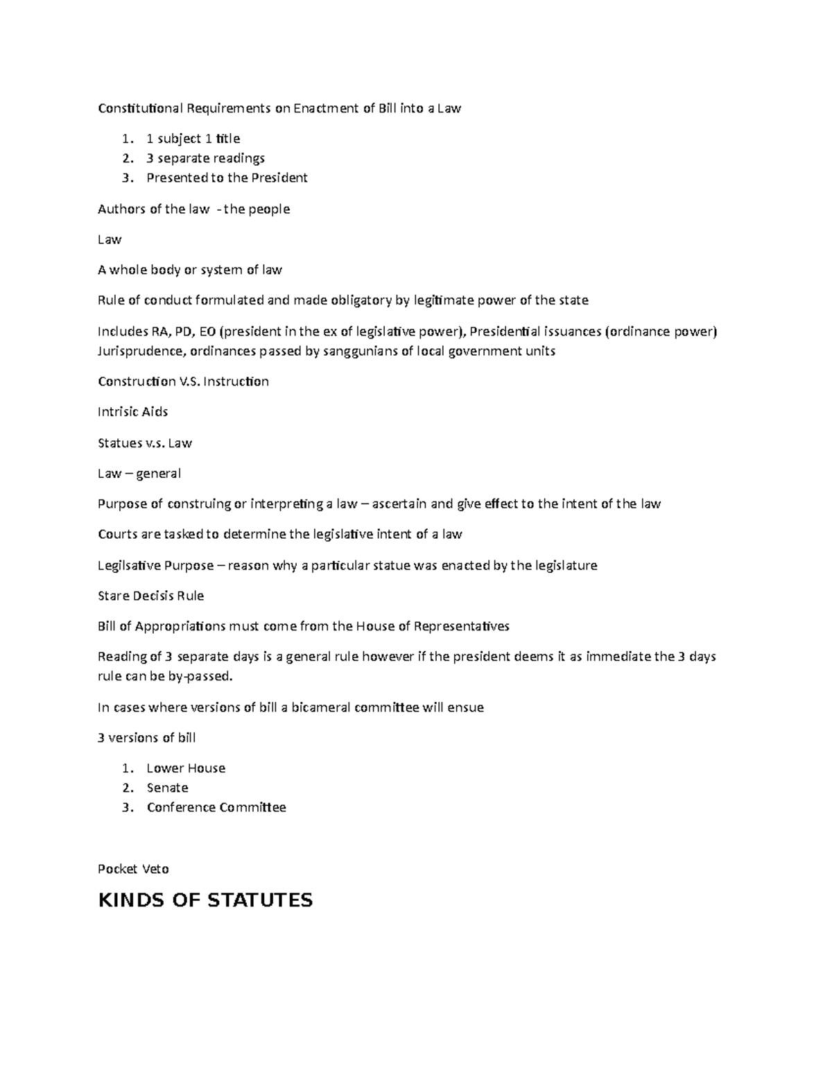 Stat Con Notes - Constitutional Requirements on Enactment of Bill into ...