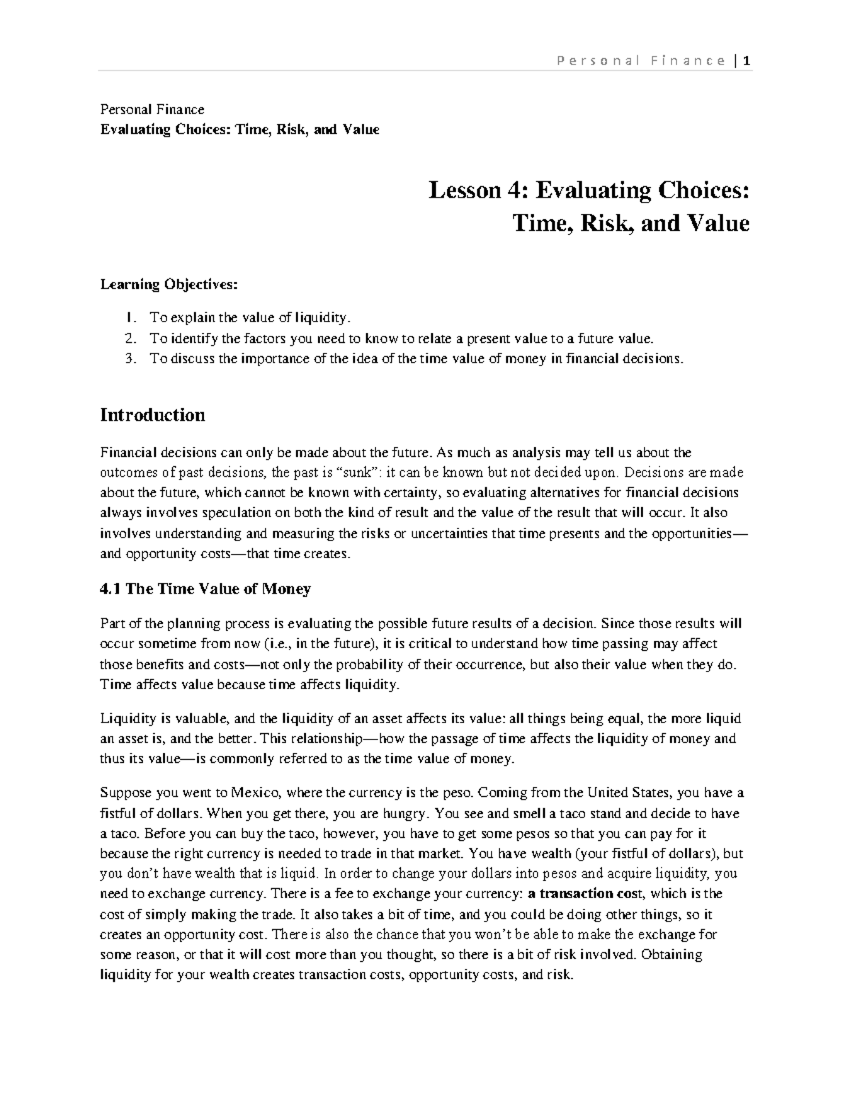 Week 5 - Lesson 4 - Evaluating Choices - Time, Risk, and Value ...