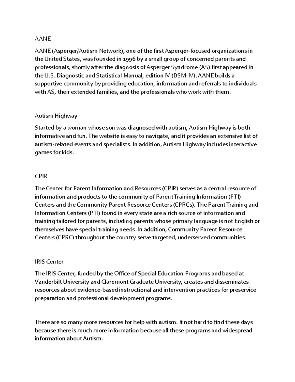 Autism speech - Note - AANE AANE (Asperger/Autism Network), one of the ...