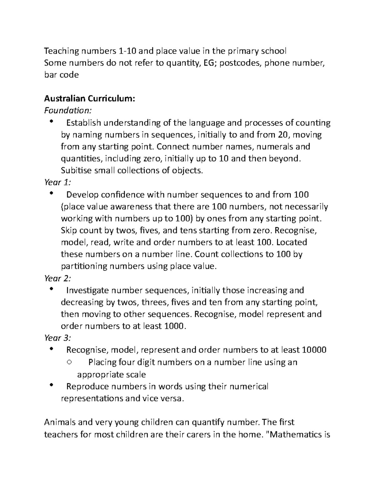 Week 3 - Lecture notes 3 - Teaching numbers and place value in the ...