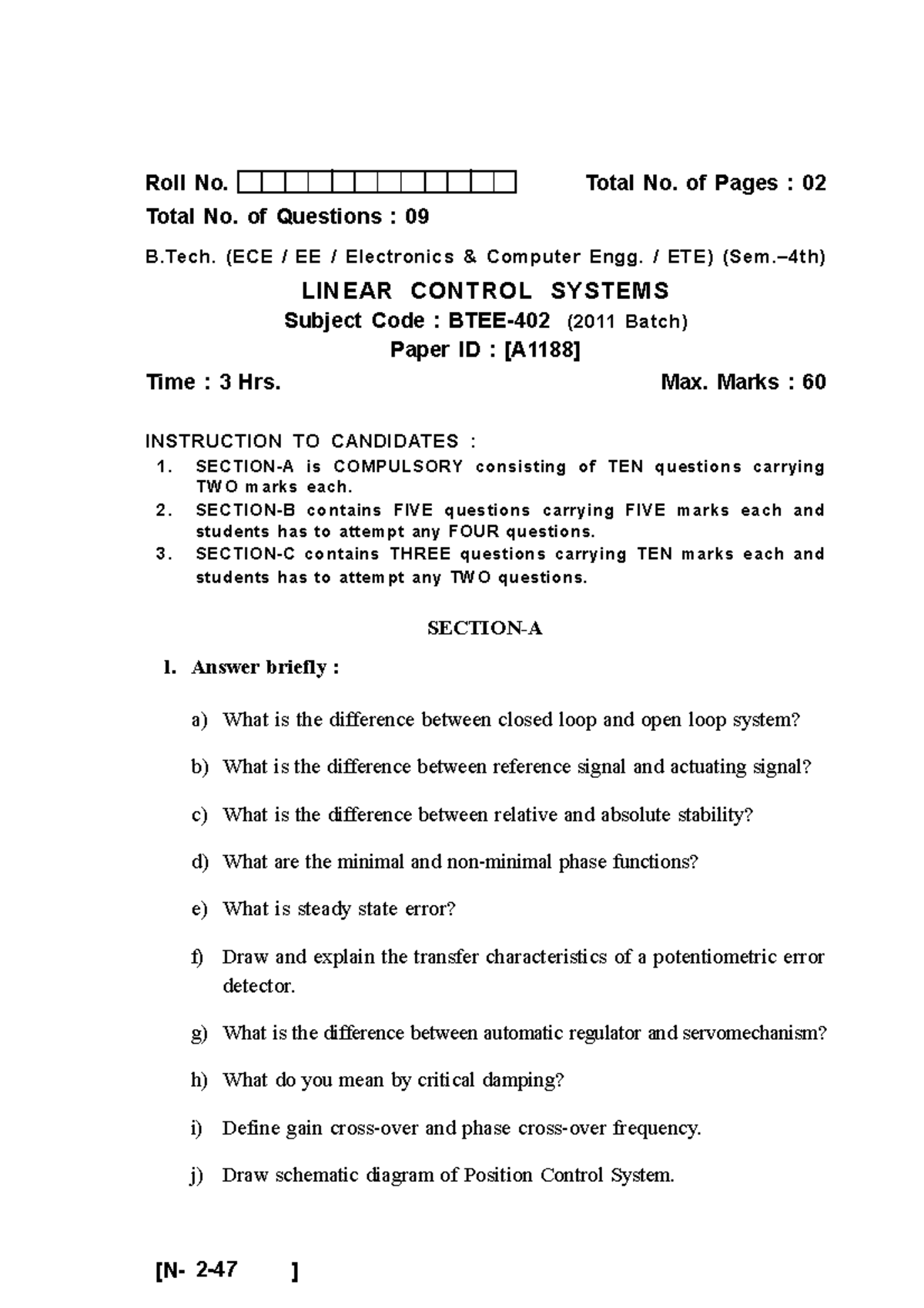 Question Paper of Linear Control System - [N- ] Roll No. Total No. of Pages : 02 Total No. of ...