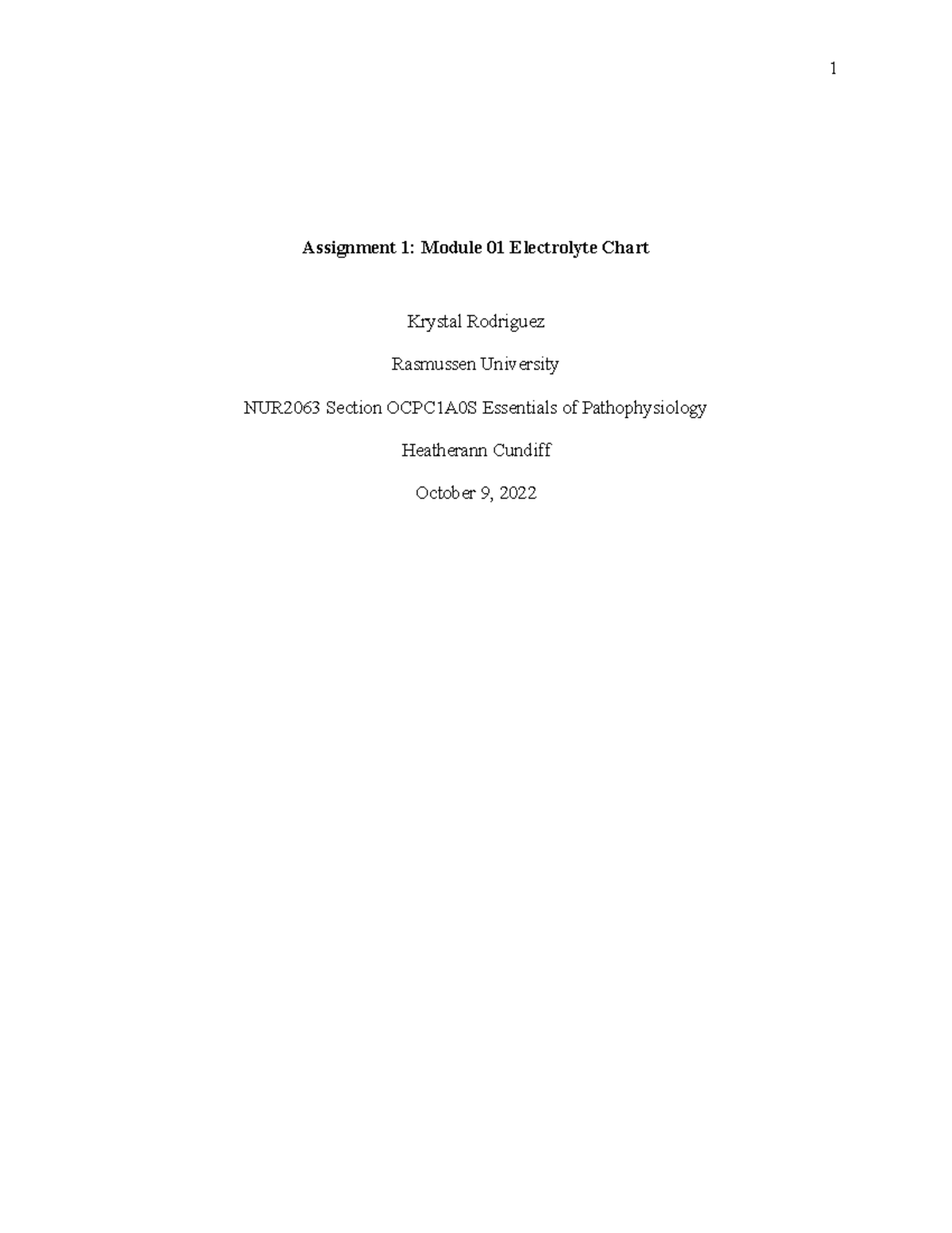 Assignment 1 Module 01 Electrolyte Chart - 1 Assignment 1: Module 01 ...