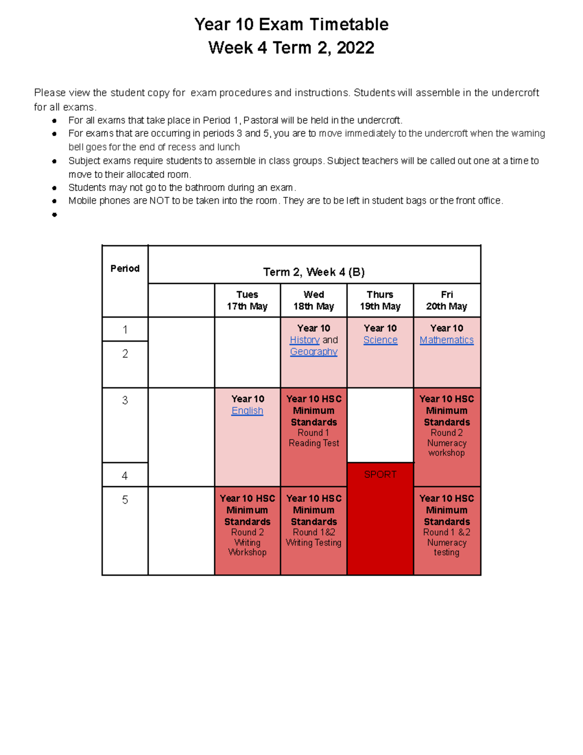 2022 Year 10 Exam (Week 4 T2) - Year 10 Exam Timetable Week 4 Term 2 ...