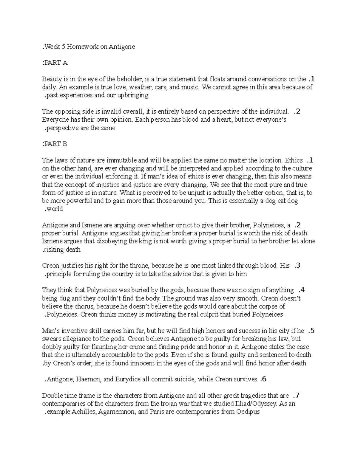 Week 5 hw on Antigone - .Week 5 Homework on Antigone : PART A Beauty is in the eye of the ...