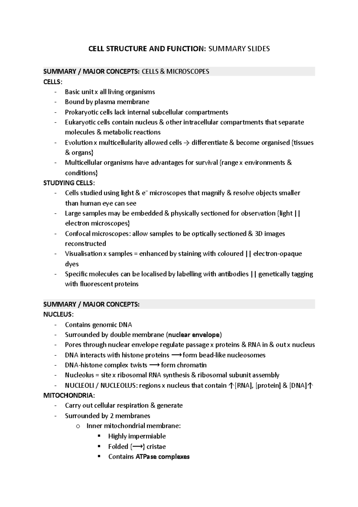 Summaries Summary Slides From Lectures Cell Structure And Function Summary Slides Summary 