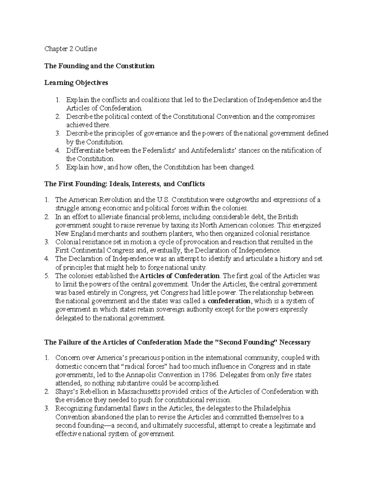 Chapter 2 Outline - Chapter 2 Outline The Founding and the Constitution ...