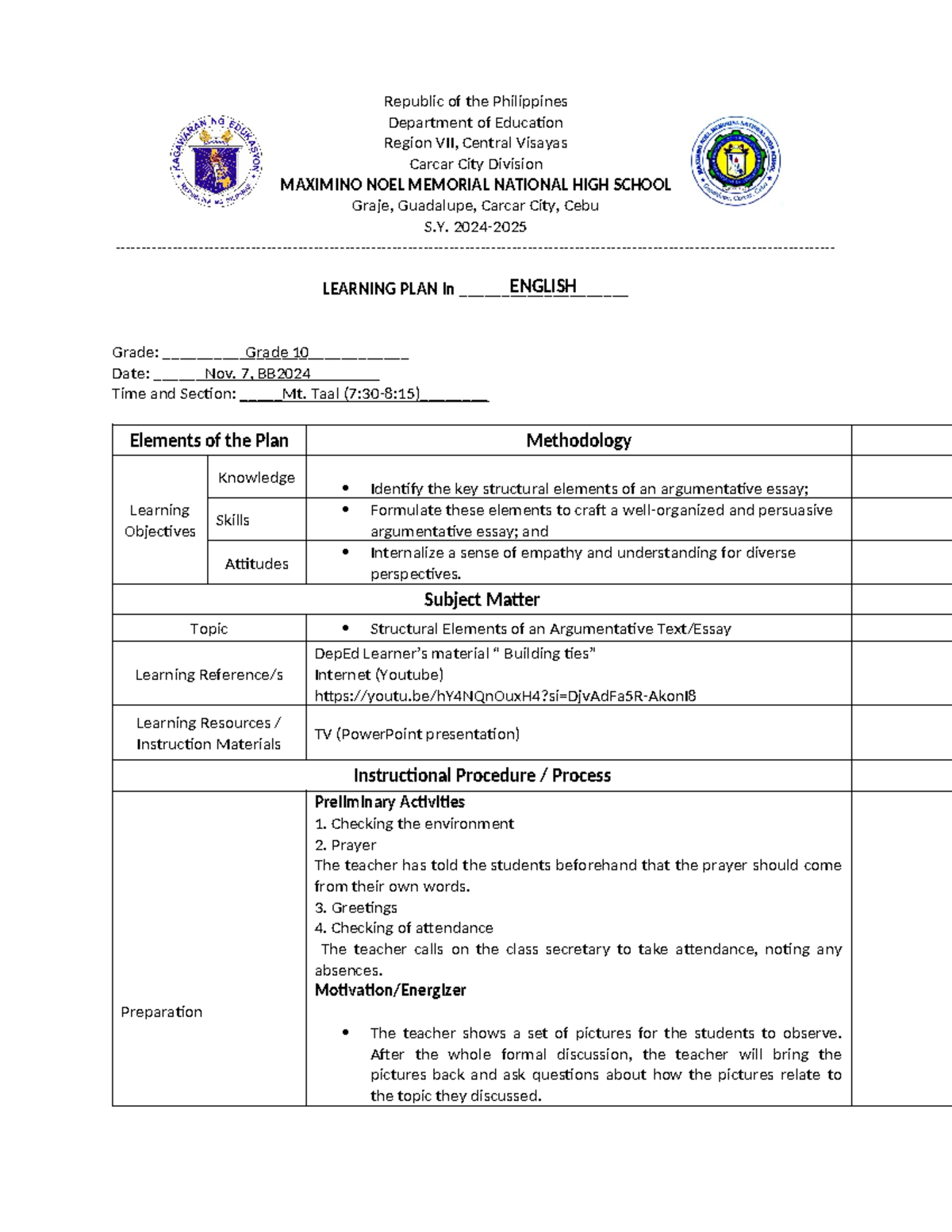 Lesson Plan Argumentative Essay - Republic of the Philippines ...