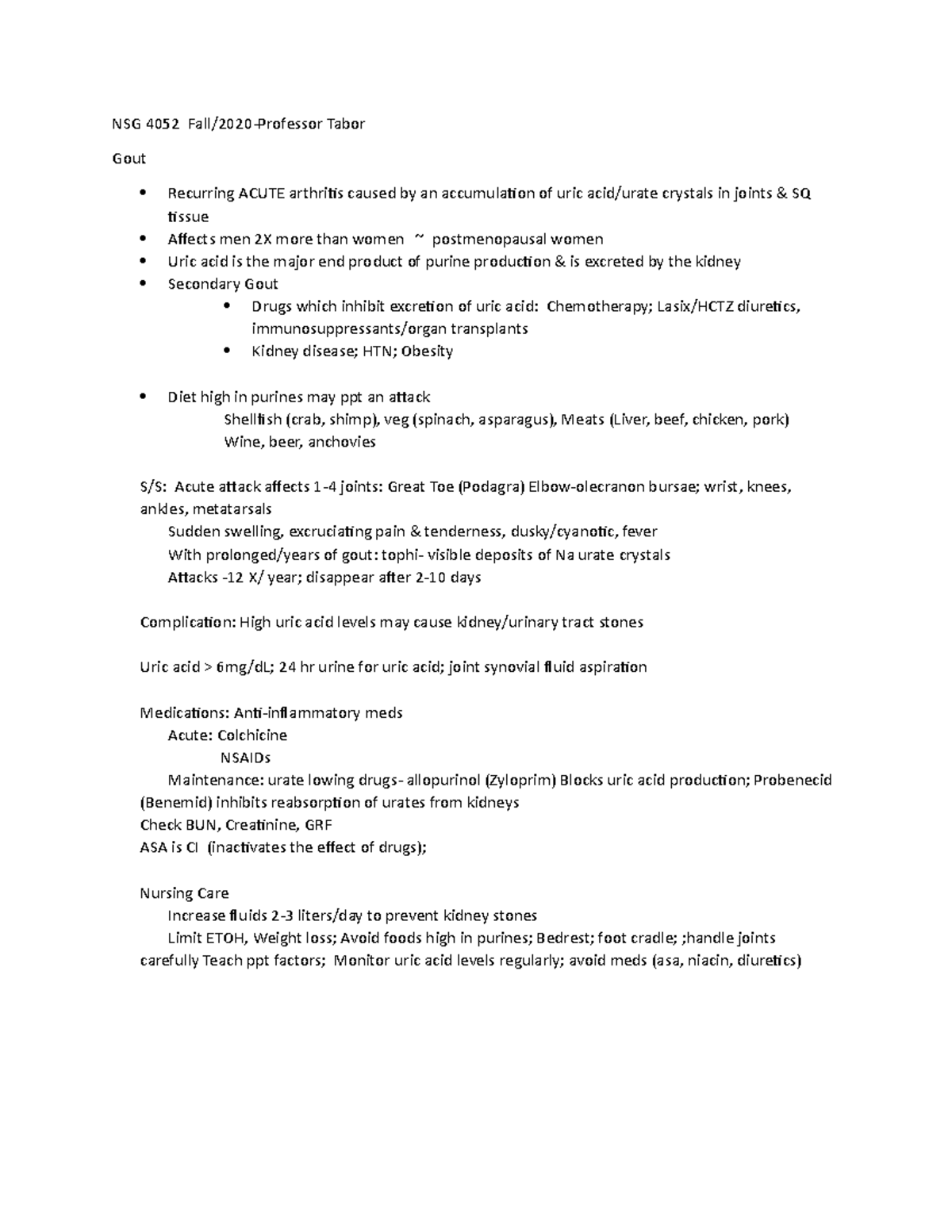 Gout Study Guide - lecture notes - NSG 4052 Fall/2020-Professor Tabor ...