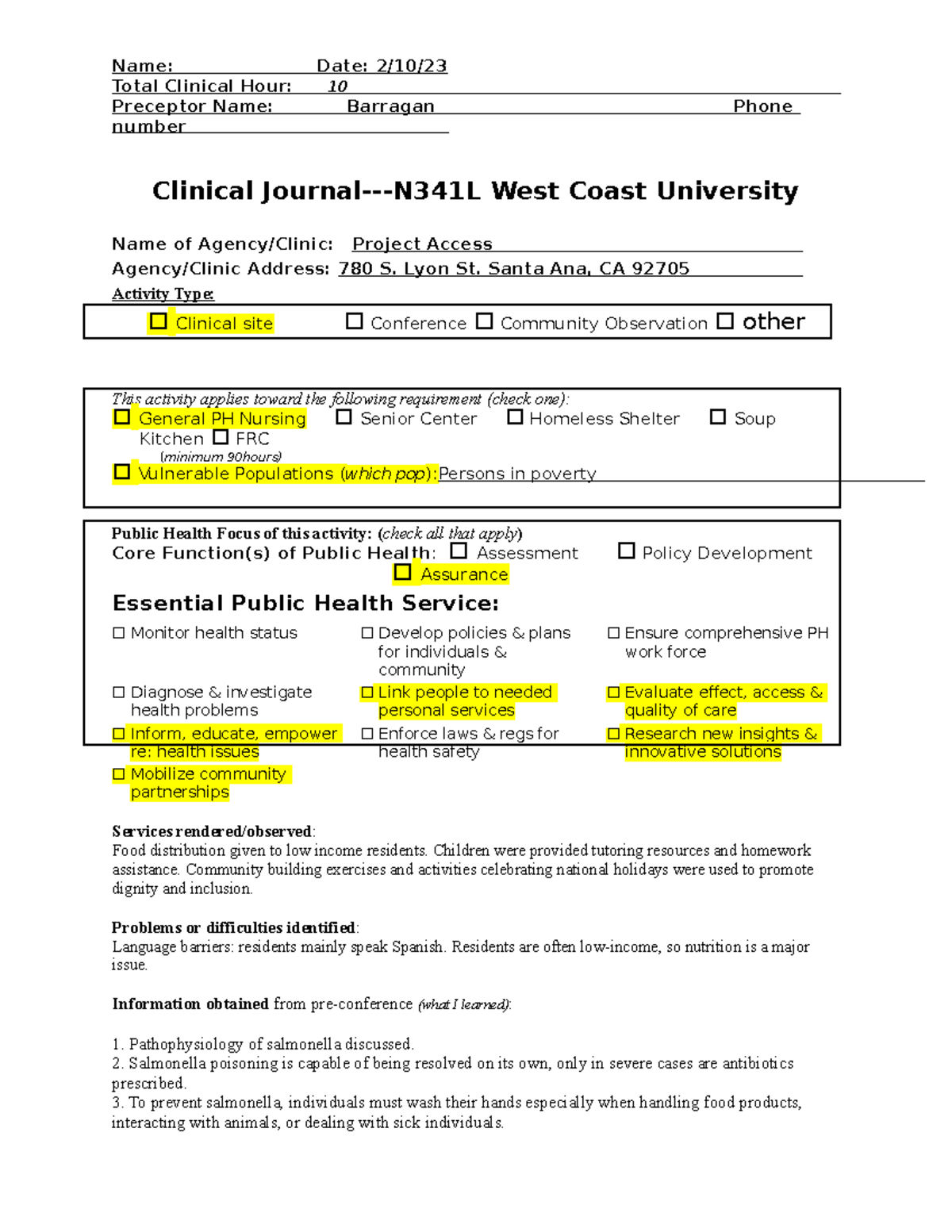 N 342L Clinical Journal 3 - Name: Date: 2/10/ Total Clinical Hour: 10 ...