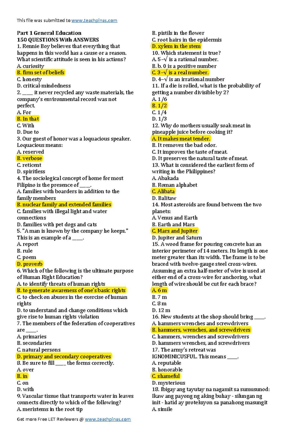 General Education Reviewer.com - Part 1 General Education 150 QUESTIONS ...