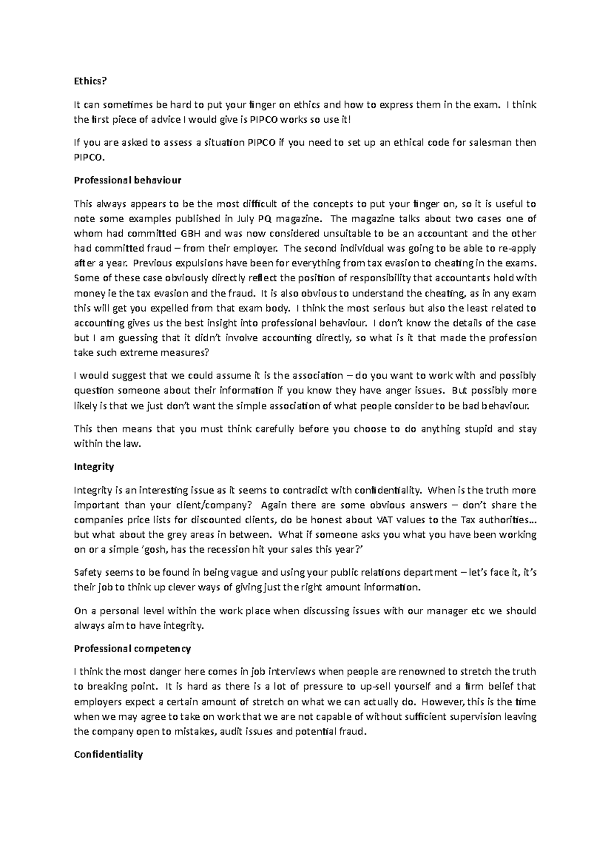 Ethics Pipco - Ethics? It can sometimes be hard to put your finger on ...